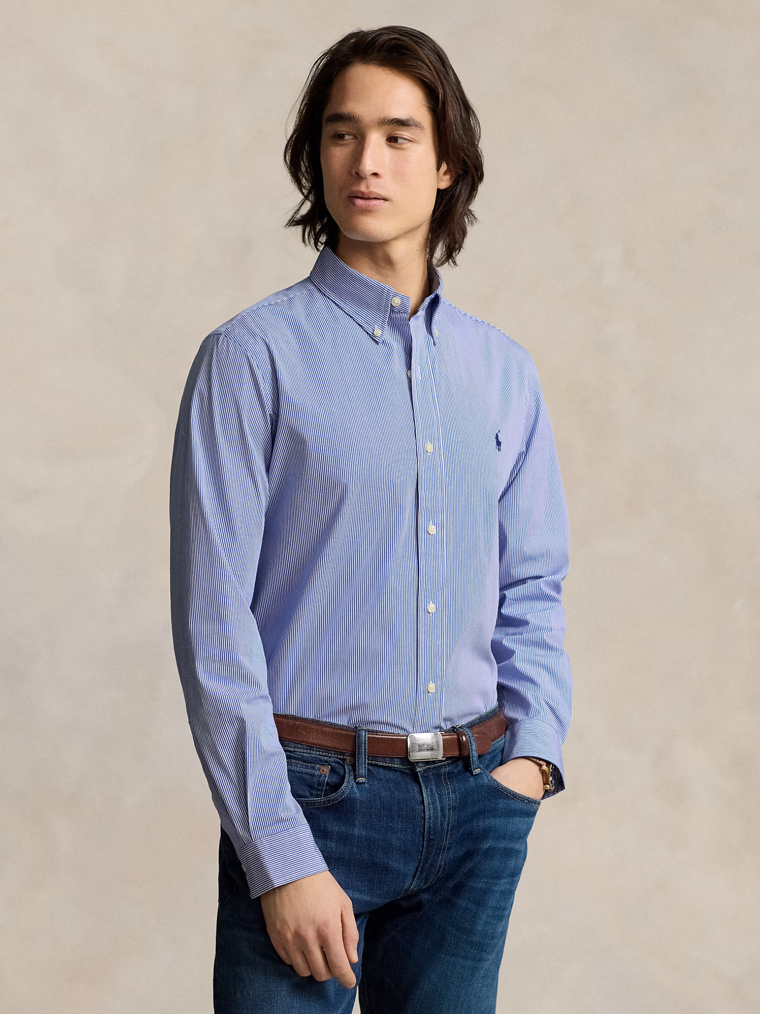 RALPH LAUREN Custom Fit Stretch Poplin Shirt Blue/White Hairline ...