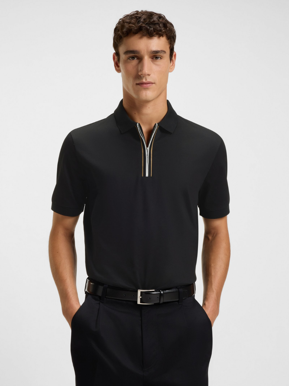 BOSS H-Paras Mercerised-Cotton Polo Shirt With Zip Placket Black ...