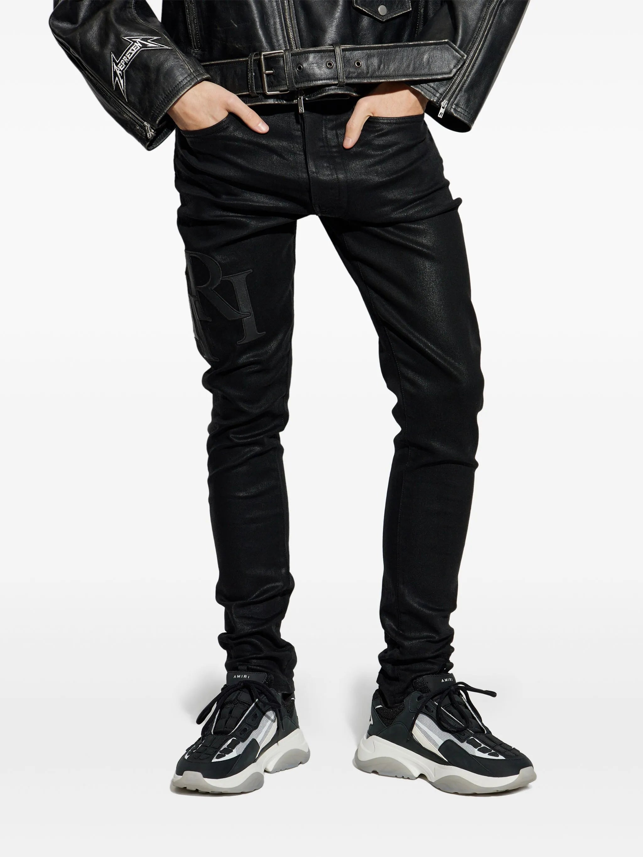 AMIRI Waxed Staggered Logo Skinny Jeans Black – MAISONDEFASHION.COM